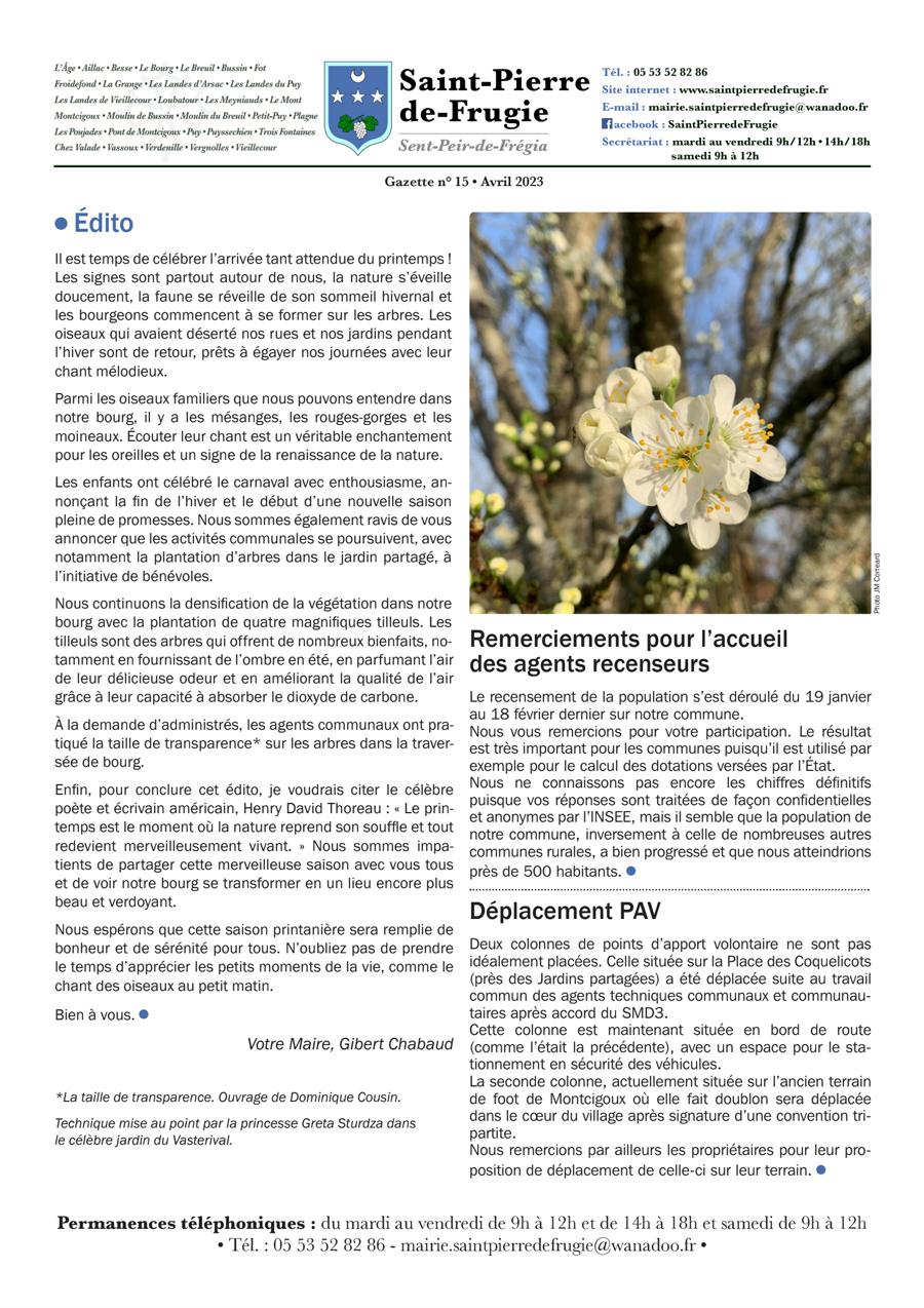 Gazette municipale Avril 2023 | Commune de Saint-Pierre-de-Frugie (24)